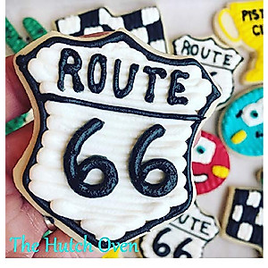 Hwy Route 66 Cookie Cutter 5 Piece Set from The Cookie Cutter Shop - Circle Wheel/Tire, Flag, Route 66 Sign, Square Plaque, Race Car Cookie Cutters – Tin Plated Steel Cookie Cutters