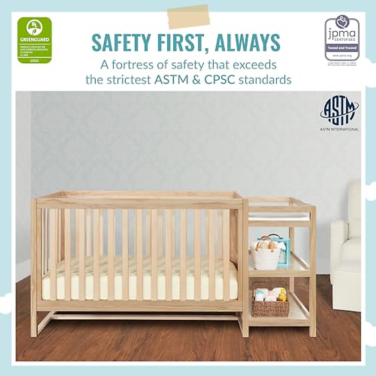 Dream On Me Milo 5-in-1 Convertible Crib and Changing Table with Free Changing Pad in Vintage White Oak, 3 Mattress Height Settings, Non-Toxic Finishes, Pinewood