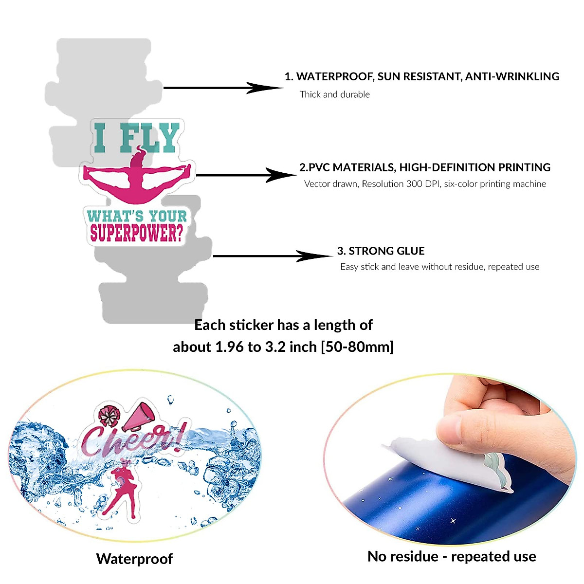 Cheer Stickers | 50pcs Waterproof Cheerleading Stickers, Cheer Vinyl Decal for Water Bottle Laptop Megaphone Bike Scrapbooking, Bulk Cheerleading Gifts for Cheerleaders Teens Boys and Girls