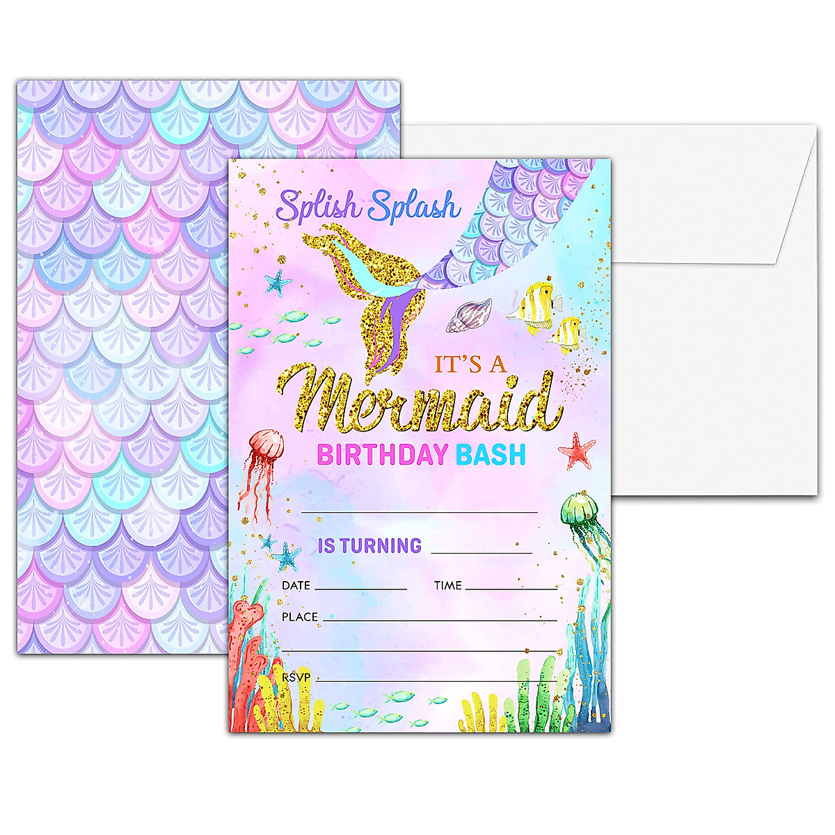 Birthday Party Invitations, Mermaid Birthday Invitations, Double-Sided Fill In Birthday Invites, Magical Glitter Birthday Party Favors Decorations Supplies, 20 Cards With 20 Envelopes(Invite-A05)