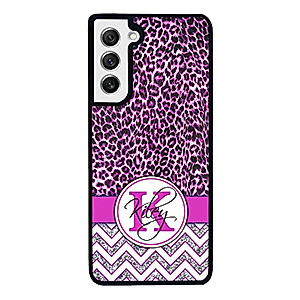 Pink Leopard Skin Personalized Black Rubber Phone Case Compatible With Samsung Galaxy S23 S23+ Ultra S22 S22+ S21 S21FE S21+ S20FE S20+ S20 Note 20 S10 S10+ S10e
