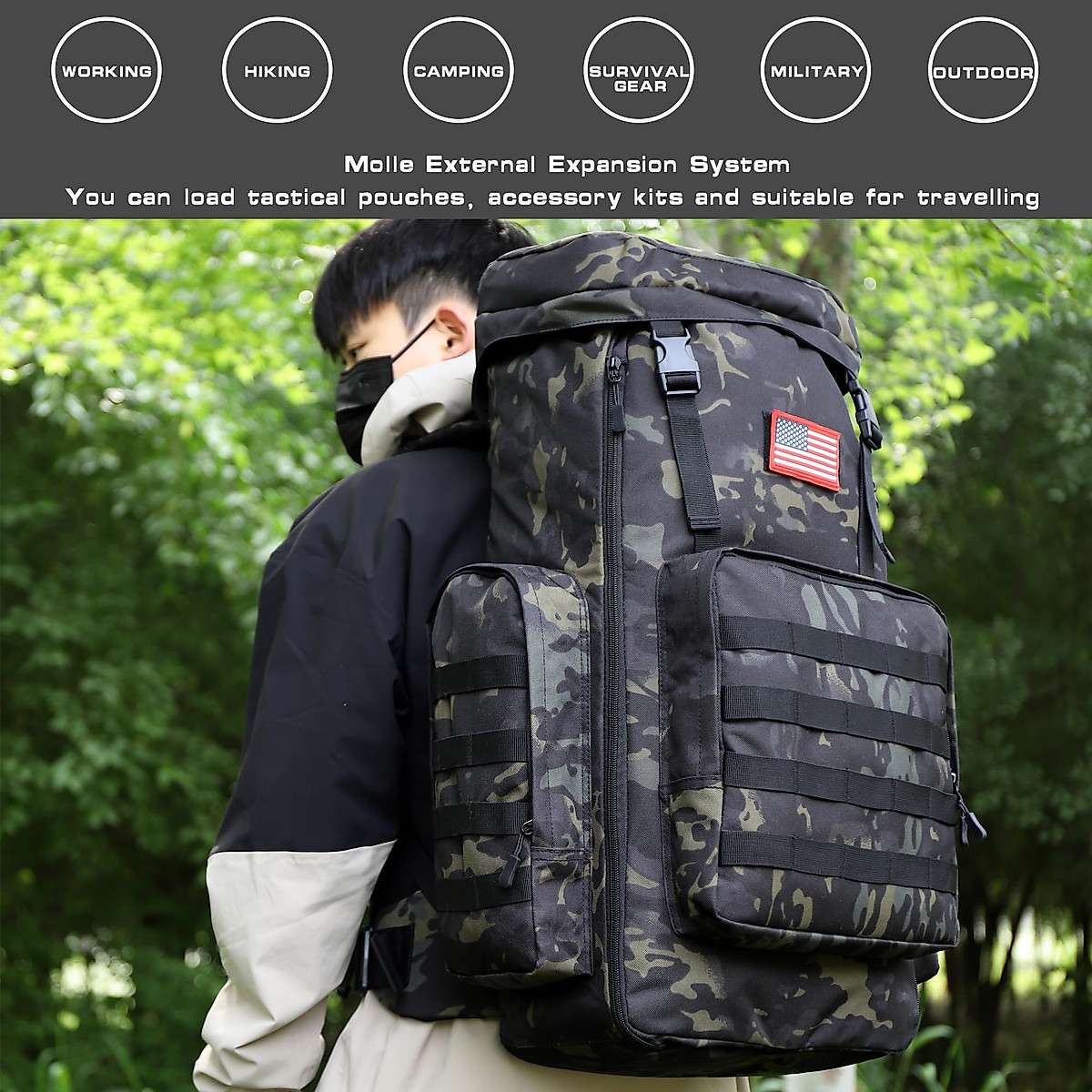 4land Large Backpacking Backpack for Men, Extra Large Camping Hiking Backpack, Oversized Molle Rucksack Backpack, 60L/70L/85L Waterproof Military Backpack for Outdoor Sports