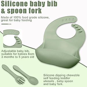 Potchen 14 Pack Baby Feeding Set, Silicone Baby Led Weaning Feeding Supplies with Suction Bowl Divided Plate Adjustable Bib Soft Spoon Fork Snack Cup with Lid Drinking Cup, Utensil (Army Green, Grey)
