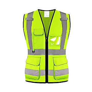 Phrmovs Class 2 Hi Vis Reflective Safety Tool Vest for Women Work with 7 Pockets and Zipper, Security Vest Meets ANSI/ISEA Standard Yellow, M