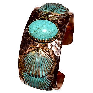 Elaine Coyne Collectible Artwear Forged Copper and Patina Brass Neo-Oceania Overlapping Scallop Shells Cuff - Nevada Turquoise