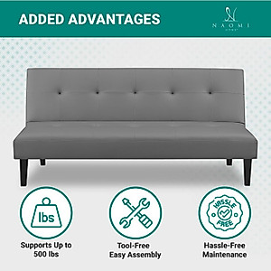 Naomi Home Gray Faux Leather Futon Sofa Bed, Modern Convertible Sofa with Wooden Legs, Reclining Small Couch Bed, Durable and Sturdy, 66'D x 32'W x 31'H