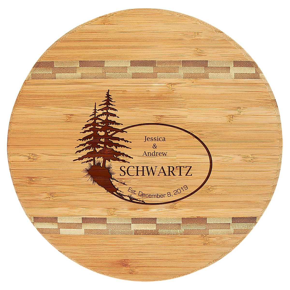 Personalized Round Cutting Board, Custom Engraved Monogram Block Inlay Cutting Board for Wedding, Gift for Mom, Housewarming, Anniversary (Large: 11 3/4'')
