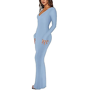 REORIA Women's Sexy Soft Lounge Ribbed Long Dress Fall Elegant Formal Wedding Guest Long Sleeve Deep V Neck Bodycon Maxi Dresses Blue Medium