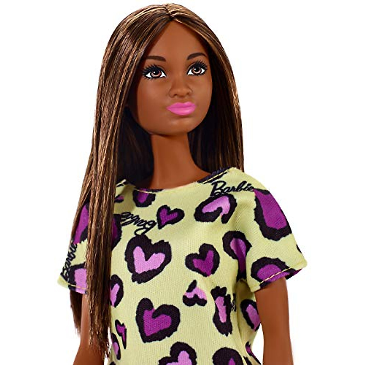 ​Barbie Doll, Brunette, Wearing Yellow and Purple Heart-Print Dress and Platform Sneakers, for 3 to 7 Year Olds