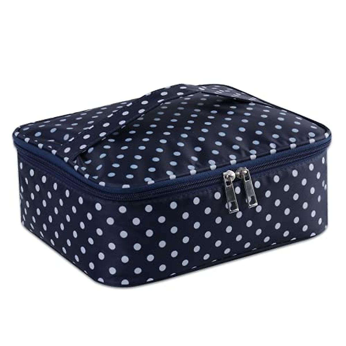 Narwey Travel Makeup Bag with Brush Compartments，Portable Cosmetic Bag，Make up Bag Makeup Organizer Case with Brush Storage for Women(Blue Polka Dot)