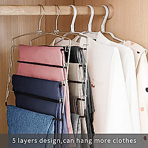 Pants Hangers Non Slip 3 Pack Space Saving Hangers Multi-Layer Swing Arm Pants Hanger Stainless Steel Space Saver Hangers Closet Storage Organizer for Pants Jeans Trouser Tie Slack Clothes (Black)