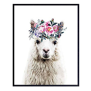 Baby Llama Wall Decor - Flower Crown Alpaca Wall Art Decoration for Girls Bedroom, Kids Room, Nursery - Cute Gift - Boho Shabby Chic Picture - 8x10 UNFRAMED Photo Poster