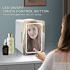 Living Enrichment Mini Fridge 6L Capacity, Portable Small Refrigerator Cooler or Warmer, AC DC Powered, Skincare Fridge with Mirror Door, for Food, Cosmetics, Home, Office and Car - White