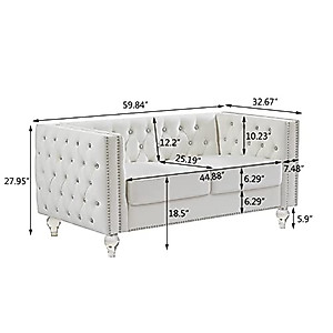 Melpomene Upholstered 60" Velvet Button Tufted Loveseat Sofa with Acrylic Legs,Luxury Chesterfield Sofa with 2 Pillows and Nailhead Trim Square Arms,Beige