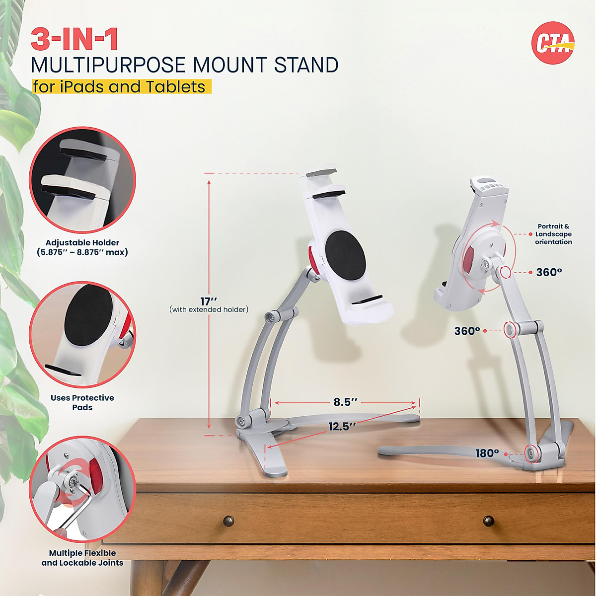 3-in-1 Tablet Mount – CTA Multipurpose Support Desk Base for All iPad Tablets 7-13" - Made for Wall Mount - Under Cabinet & Desk Mount - Silver (PAD-KMS)