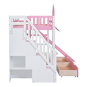 SOFTSEA Twin Over Twin Bunk Bed with Storage and Drawers for Kids Boys Girls Solid Wood Bunk Bed with Slide and Staircase