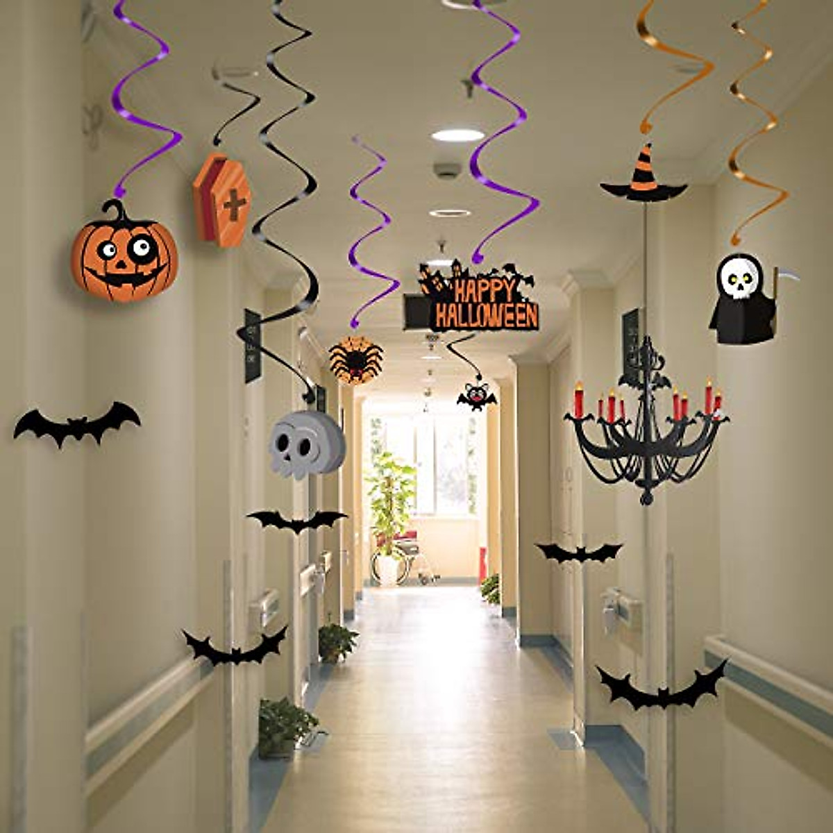 Unomor Halloween Decorations Indoor Hanging Swirls for Haunted House Decor Ceiling Swirl Decoration Included Bats, Spider, Ghost, Pumpkin, 3D Chandelier (30 Piece)