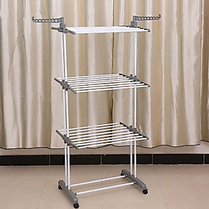 TOLUON Clothes Drying Rack, Movable Drying Rack with 4 castors, 3 Tier Clothes Horses Rack, Laundry Garment Dryer Stand with Two Side Wings for Home (Grey)