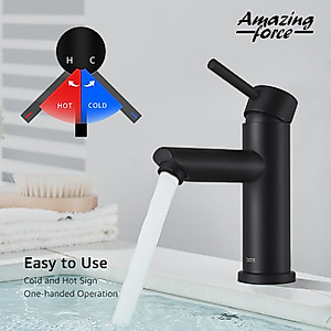 AMAZING FORCE Single Hole Bathroom Faucet Single Handle Bathroom Sink Faucet Matte Black Stainless Steel Basin Mixer Tap,Sink Drain & Deck Plate Not Included(Matte Black) 1.2 GPM