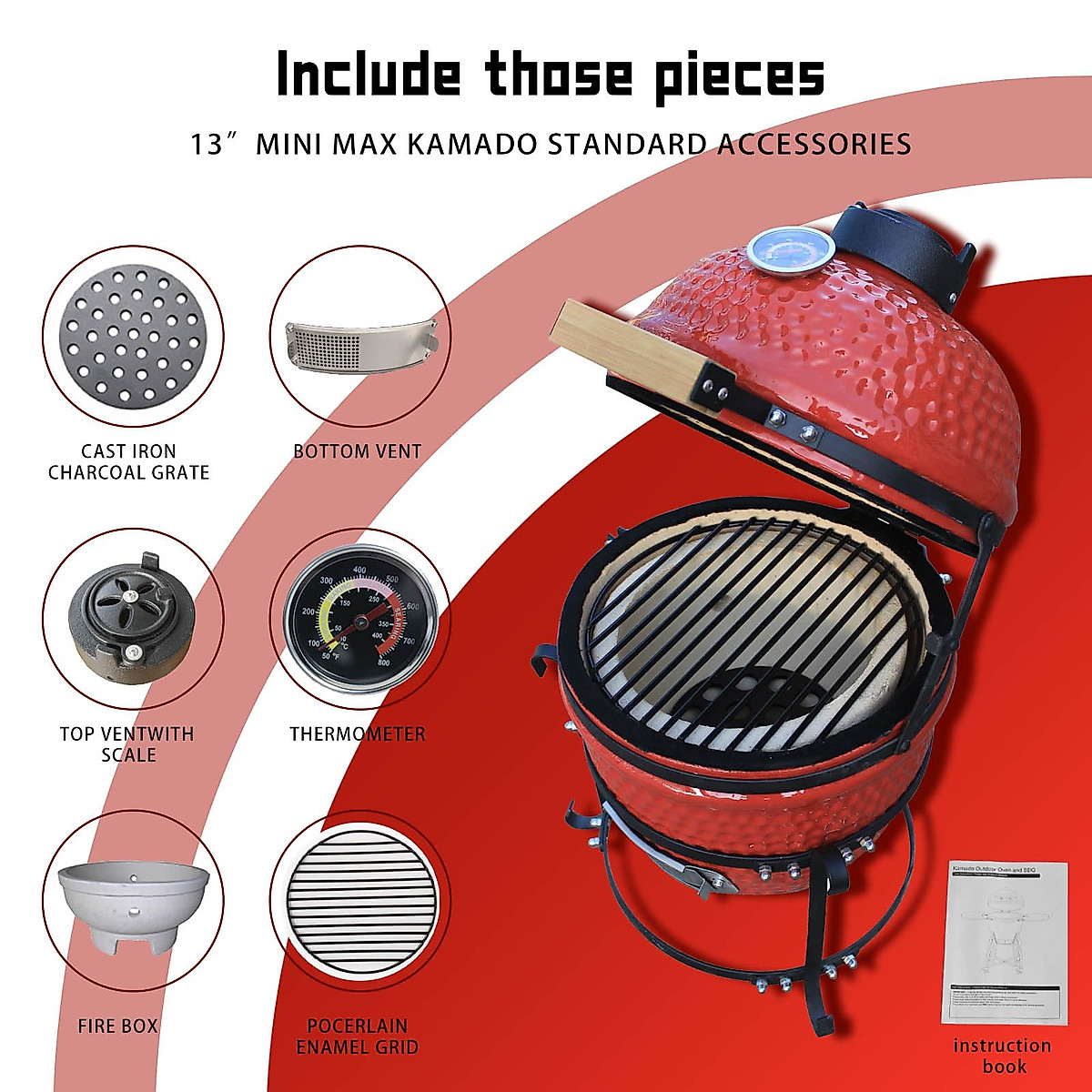 AUPLEX 13" Kamado Charcoal Grill, Ceramic BBQ Charcoal Grill, Mini Portable Clay Smoker Oven Barbecue Grill for Backyard, Balcony