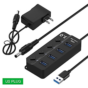 WJCCY USB 3.0 Hub Splitter 4 Port High Speed Individual On/Off Switch AC Power Adapter for Laptop PC