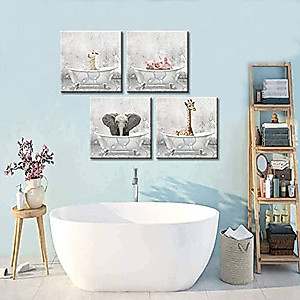 oulawote Animal Wall Art Canvas Print Funny Giraffe Elephant Painting Picture for Bathroom Living Room Decorations (Overall Size: 12''x12''x4pcs)
