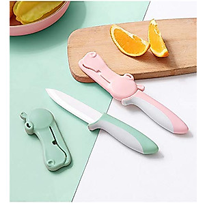 VSL VANSLENSON 2 Piece Kitchen Knife Set 4” Paring Knife with Sheath + Serrated Peeler Non Stick Ceramic Blade Stylish Hippo knife Pink Combo (Pink + Green Hippo)