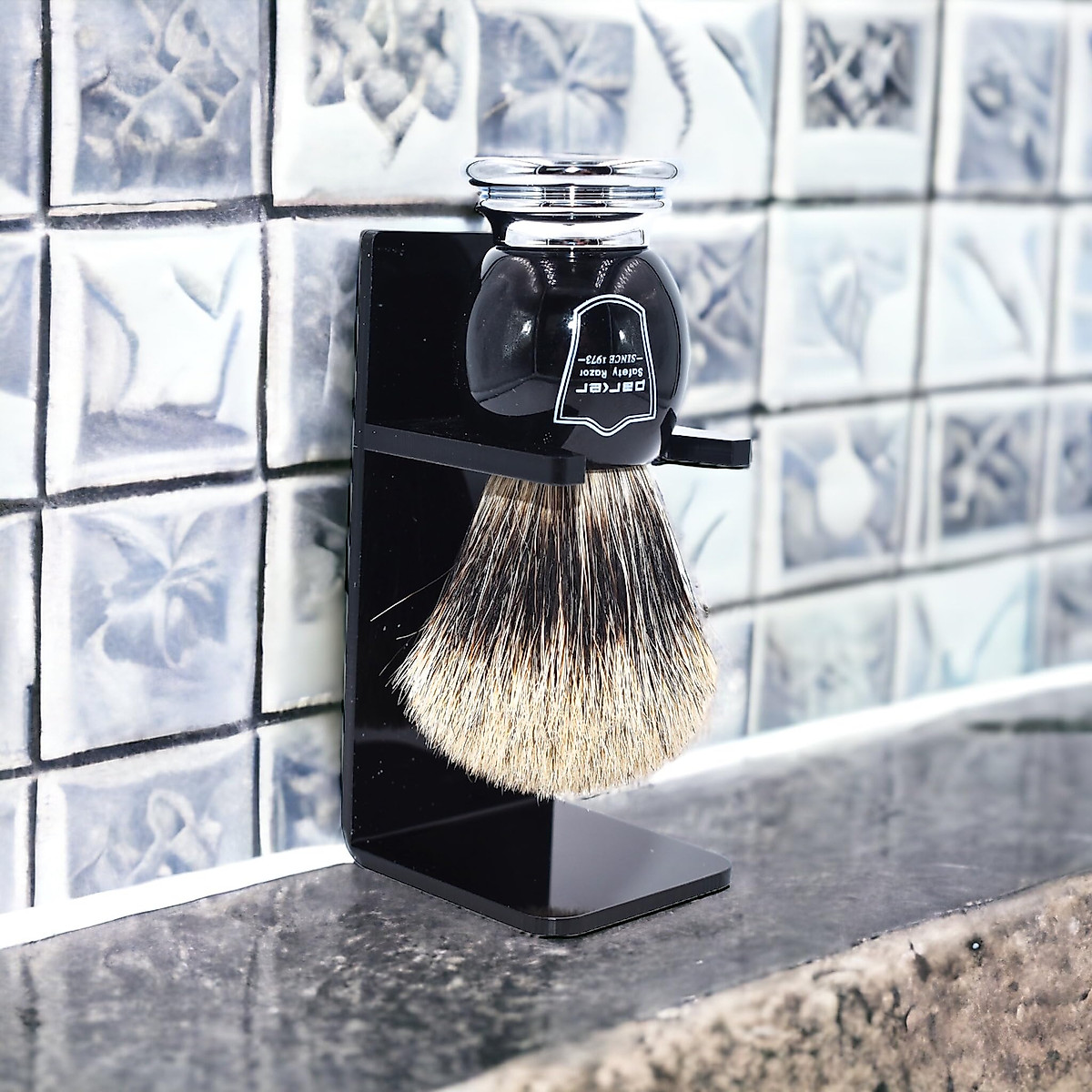 Parker Premium 3 Band Pure Badger Shaving Brush with Stand Included - Packaged in a Gift Box - Generate a Thick & Luxurious Lather with Your Favorite Shave Soap - Black & Chrome Handle