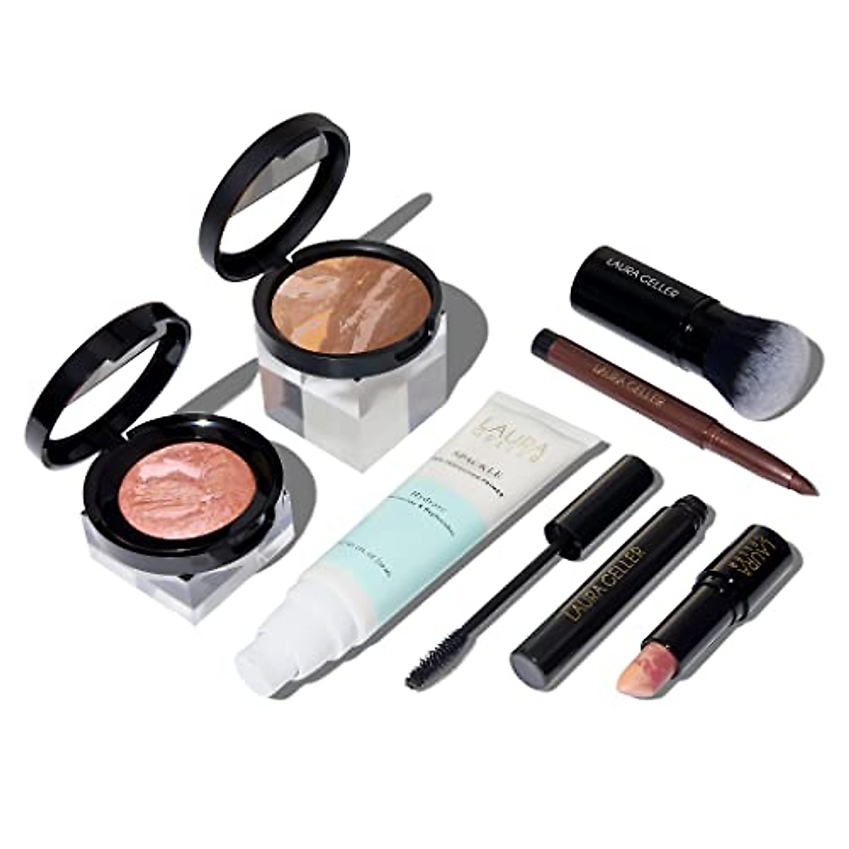 LAURA GELLER NEW YORK 25th Anniversary Bundle - New & Best 7 Piece Set With Spackle Hydrate Primer, Eyeliner, Blush-n-Brighten Foundation, Long Lash Mascara, Airbrush Kabuki, Berry Banana, Balance-n-Brighten, Tan