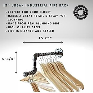 Ironwerks Designs 15" Urban Industrial Pipe Wall Rack - Clothing Rack, Closet Organization, Retail Display, Made From Real Plumbing Black Iron Pipe