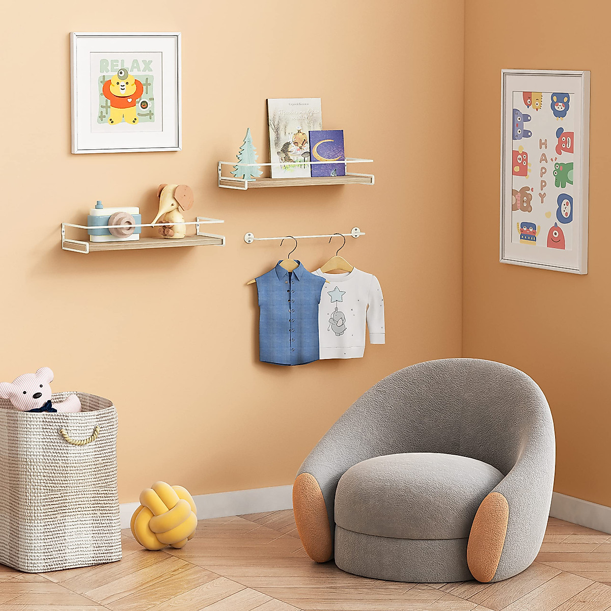 Forbena Floating Nursery Book Shelves, Natural Wood Wall Bookshelves for Girls Boys Bedroom, Wall Mounted Nursery Shelves for Books, Bows, Stuffed Animals, Toys, Study Room, Bathroom (Set of 2)