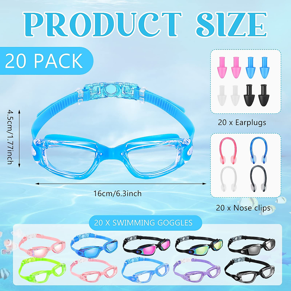 Xuhal 20 Pack Swimming Goggles Bulk Adult Anti Fog UV Protection No Leaking Wide View Goggles for Women Men Youth Multicolor (Classic)
