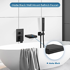 Cinwiny Matte Black Wall Mount Waterfall Tub Spout with Handheld Shower Single Handle Tub Filler Bathtub Shower Faucet Set with Sprayer Rough-in Valve Brass