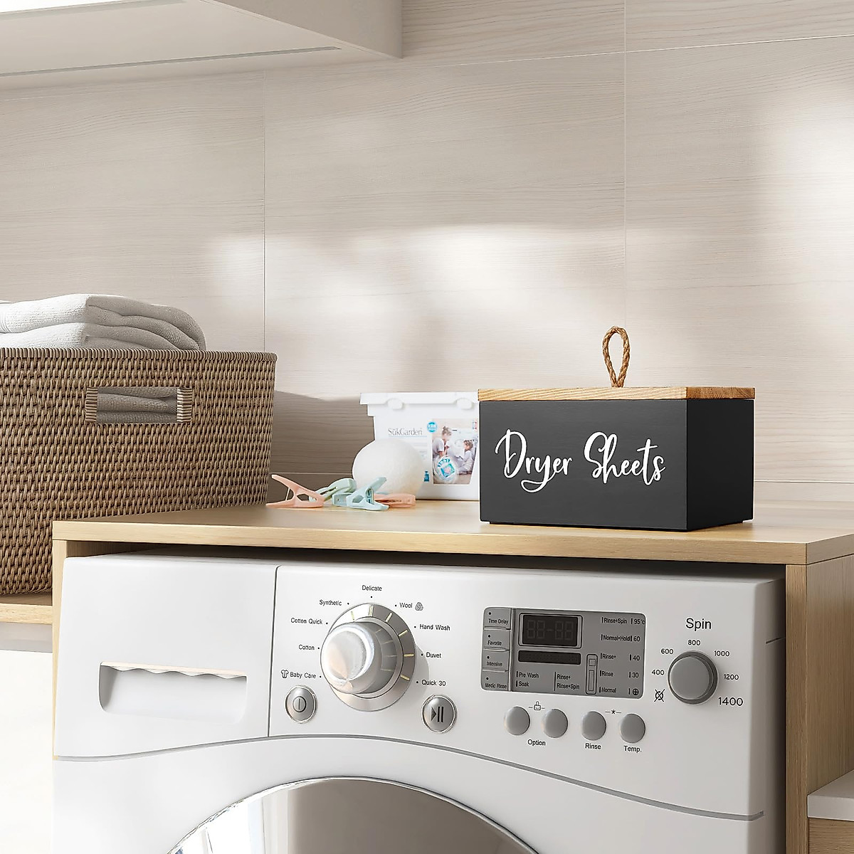 Dryer Sheet Holder, Wooden Laundry Sheets Container, Laundry Room Organization and Storage for Farmhouse Laundry Room Decor and Accessories, Fabric Softener Dispenser, Black