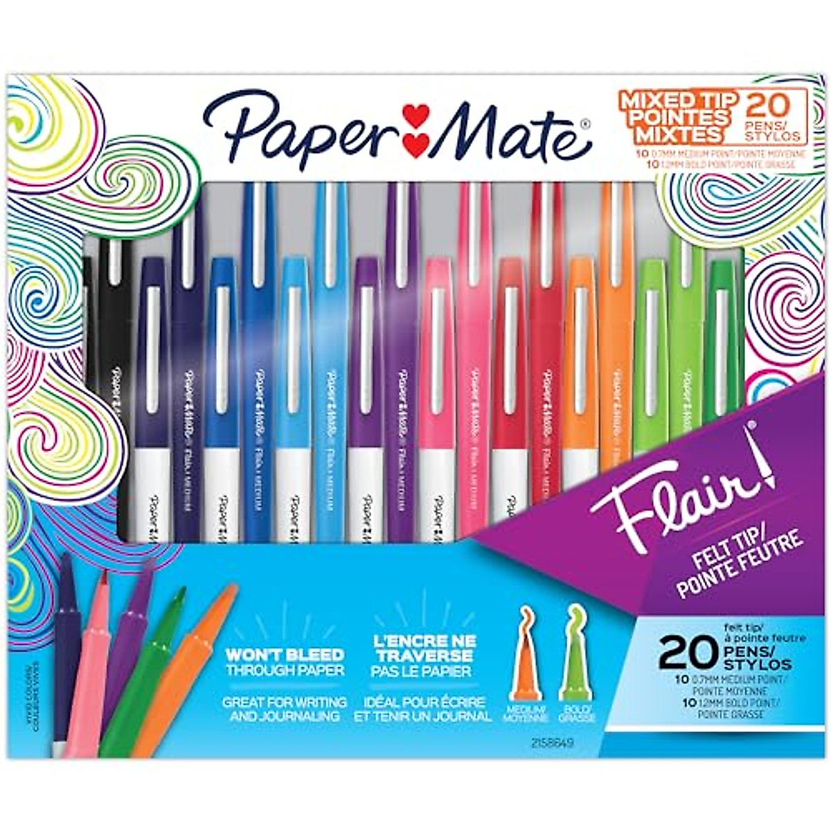 Paper Mate Flair Felt Tip Pens, Bold And Medium Point, 0.7 mm, Assorted Colors, Pack Of 20 Pens
