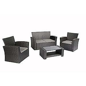 Baner Garden 4 Pieces Outdoor Furniture Complete Patio Cushion Wicker P.E Rattan Garden Set, Full, Black