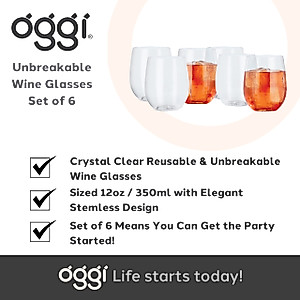 Oggi Unbreakable Wine Glasses, Set 6 - Elegant Reusable Plastic Wine Cups, Stemless Wine Glass Tumbler Design, Shatterproof Plastic, Ideal for Indoor and Outdoor Use, Recyclable - 12oz / 350ml