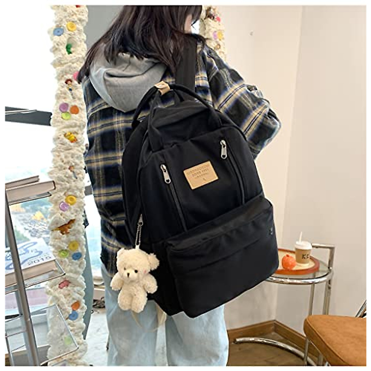 JHTPSLR Preppy Backpack with Plushies Cute Vintage Backpack for School Girls Light Academia Bookbags Preppy Aesthetic Backpack (Black)