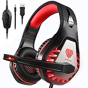 BUTFULAKE GH-1 Gaming Headset for PS5, PS4, Xbox One, Xbox One S, PC, Nintendo Switch, Mac, Laptop, 3.5mm Wired Pro Stereo Over Ear Gaming Headphones with Noise Cancelling Mic, LED Light (red)