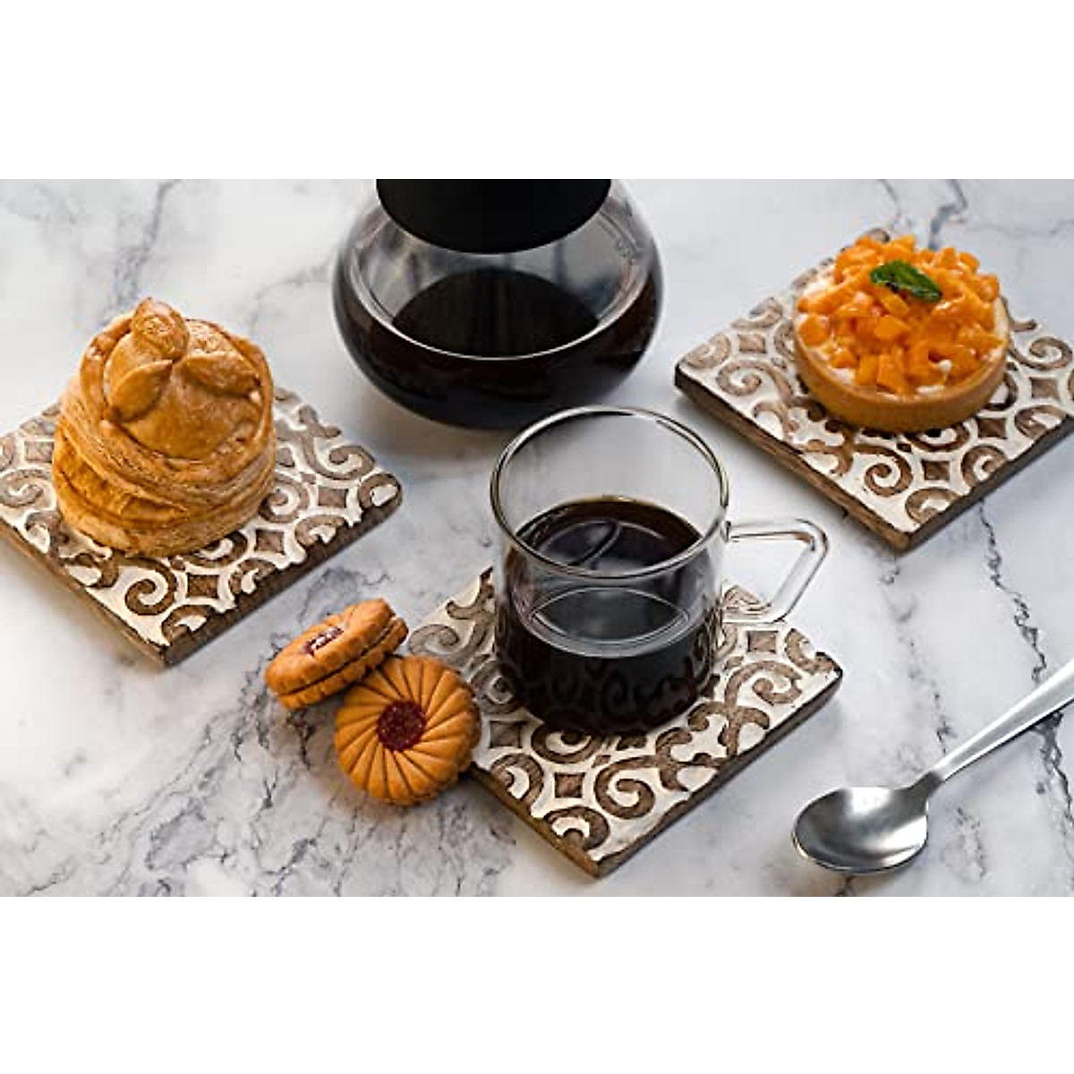 FIGTREE - Set of 6 Wooden Coasters for Drinks Absorbent with Holder, Coasters for Coffee Table Protection, Coffee Table Decor, Perfect House Warming Gift, Swirl