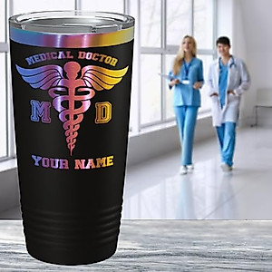 Personalized MD Medical Doctor Gift on Black with Ion Prism Design 20 oz Stainless Steel Tumbler with Lid - Insulated Cup - Custom Travel Mug
