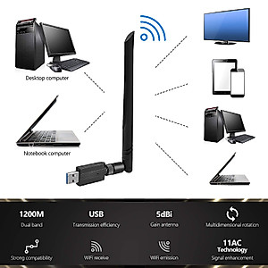 USB WiFi Adapter – 1200M WiFi Dongle High Speed 802.11ac 5dBi Dual Band 2.4/5GHz Wireless Network Adapter for PC/Desktop/Tablet/Laptop, Compatible with Windows, Mac OS X