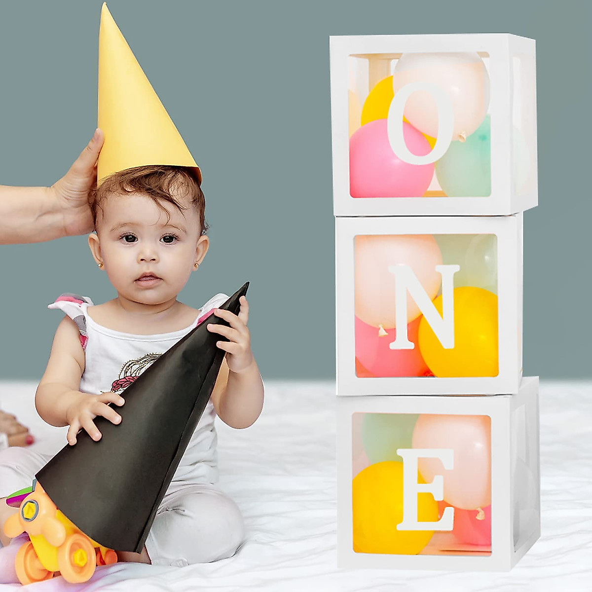 First Birthday Balloons Boxes for Boy or Girl 'ONE' Letters Individual Three White Transparent Square Boxes Baby 1st Birthday Party Decorations Backdrop Photo Shoot Prop