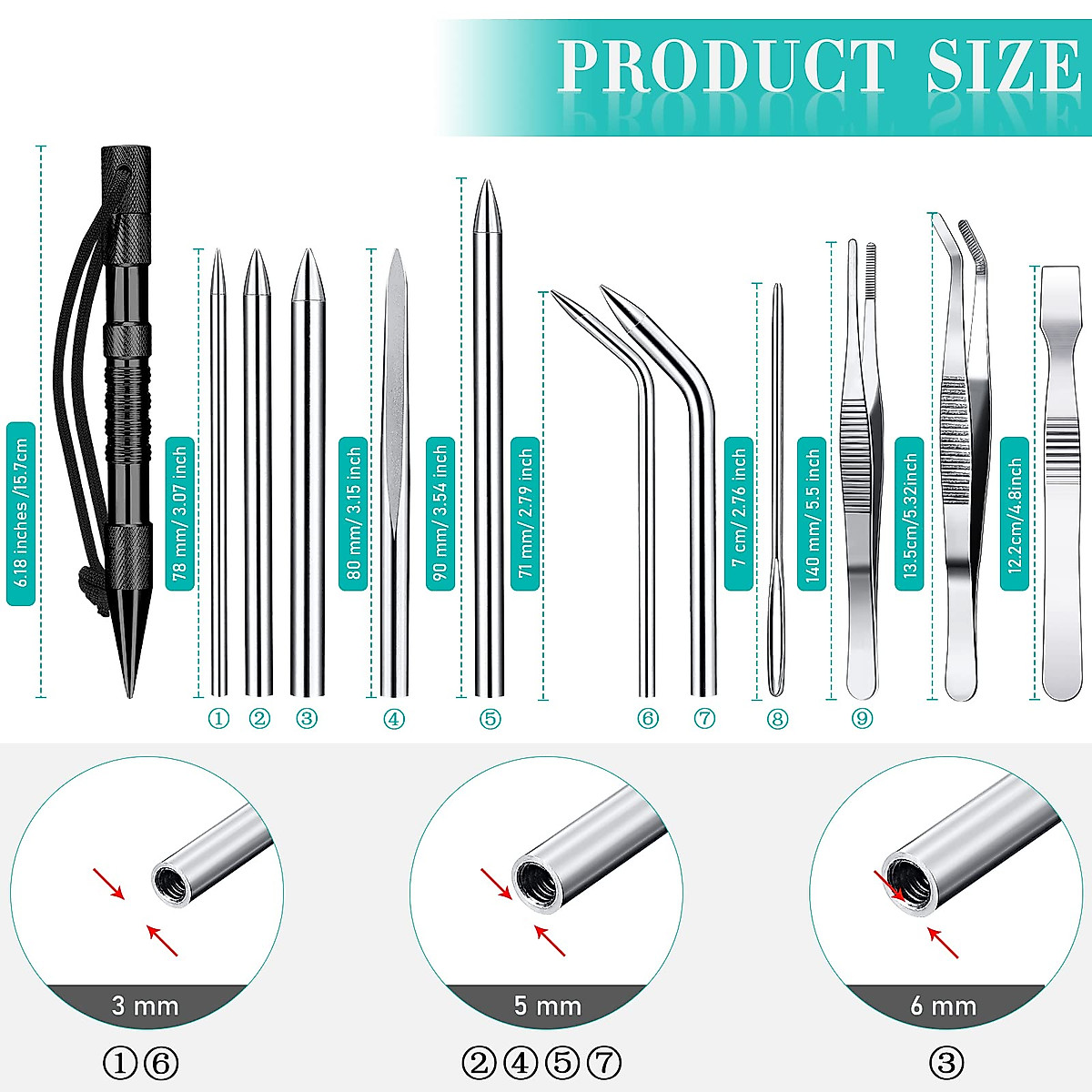 14-Piece Paracord Tool Set - Stainless Steel Lacing Needles, Smoothing Tool, Knotter with Marlin Spike for Paracord Work & Leather Weaving (Black)