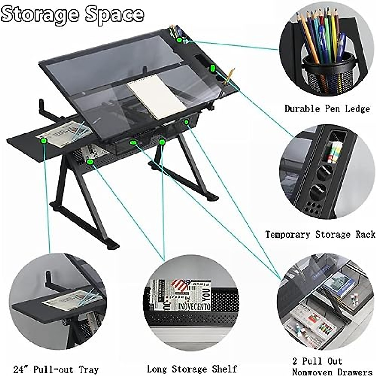Drafting Printing Table with Chair & Storage Drawer,Tempered Glass Professhional, Adjustable Extended & Storage Cabinet, for Office School, Black