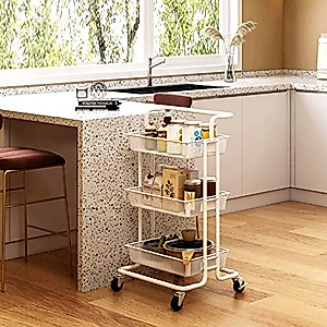 PUSDON 3-Tier Rolling Utility Cart, Metal Mesh Trolley Service Cart with Locking Wheels and Removable Handles, Heavy Duty Organizer Storage Cart for Office Bar Kitchen Bathroom Living Room Use, White