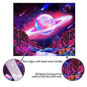 Hexagram Psychedelic Planet Tapestry - Space Galaxy Tapestry Wall Hanging - Black Light Poster - Trippy Mountain Wall Tapestry for Bedroom Aesthetic Home Room Decor - Purple Space Decor- 59x83 Inch