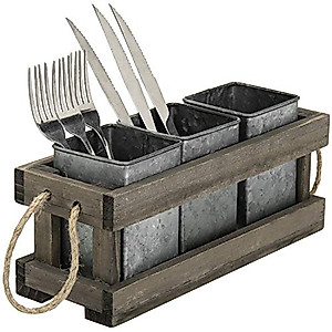 MyGift Vintage Brown Wood Kitchen Flatware Cutlery Silverware Caddy Utensil Holder with 3 Galvanized Metal Removable Storage Cups and Rope Handles