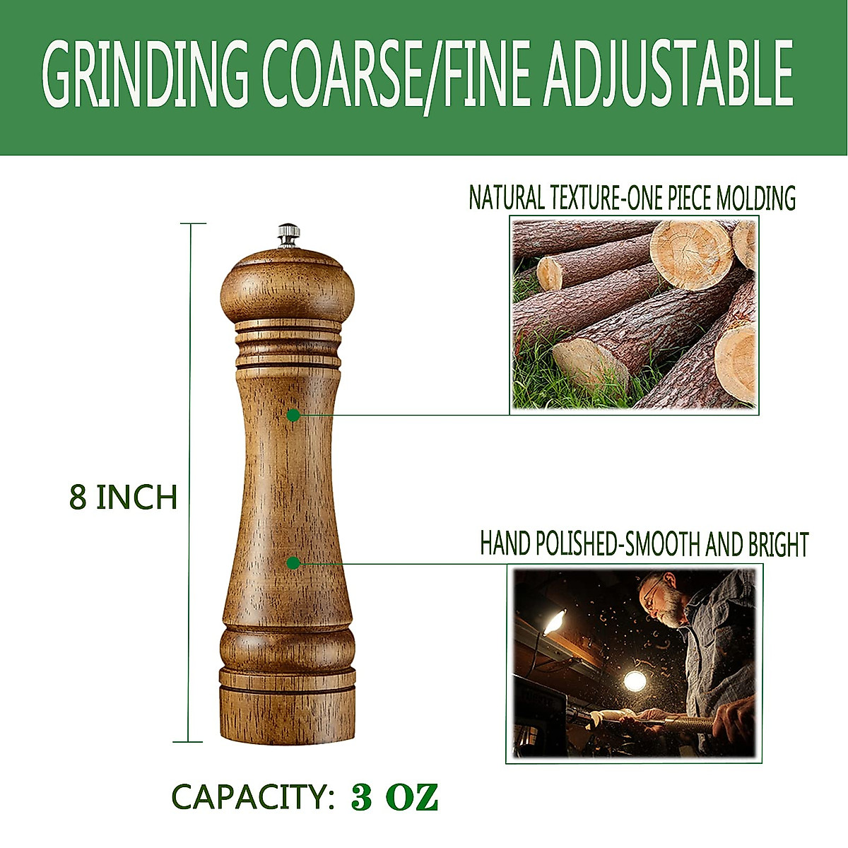 pepper grinder,UMIKAkitchen SYNCHKG087844 KITCHEN Pepper Mill [One Year Warranty], Solid Wood Body with Adjustable Grinder 8"(1 Piece), 1