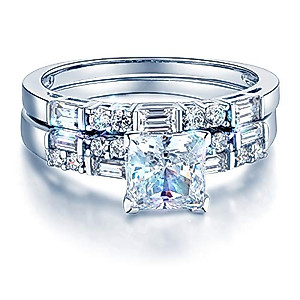 Wellingsale Ladies Solid 14k White Gold Polished CZ Cubic Zirconia Princess Cut Engagement Ring and Wedding Band Bridal Set - Size 8